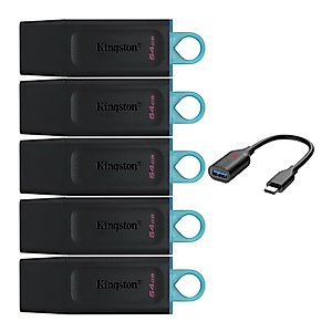 Kingston 64GB USB 3.2 DataTraveler Exodia Flash Drive (5-Pack) with USB-C Adapter (6 Items)