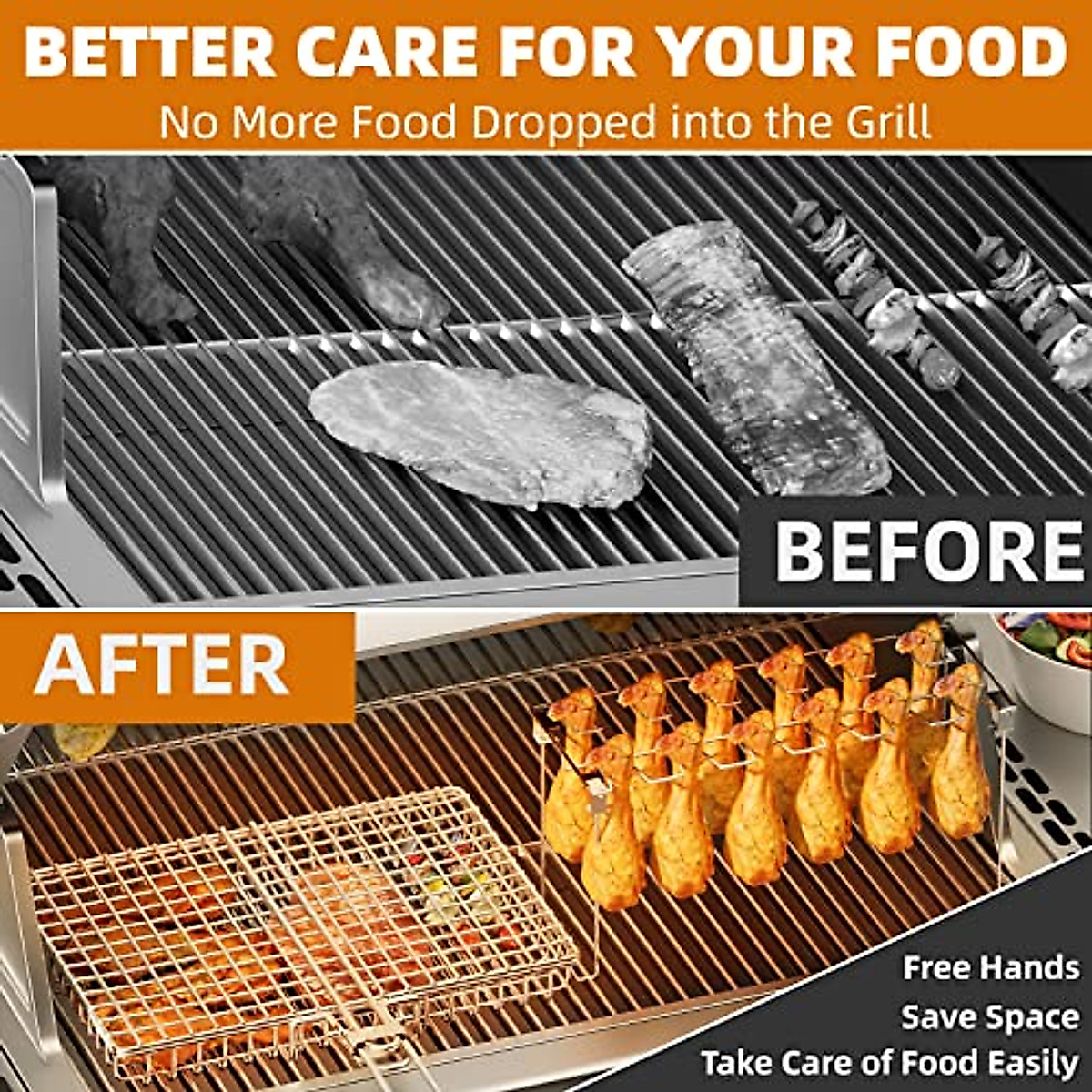 VOXPOA Grill Accessories, Grill Basket and Grill Rack, Portable Folding Stainless Steel Fish Grilling Basket with Removable Handle for Vegetables Steak, Grill Rack for Smoker Grill or Oven