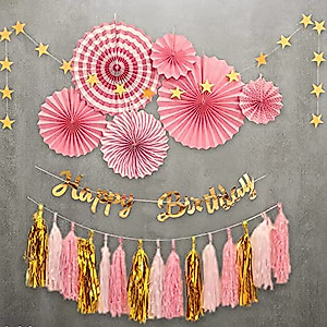 Pink Birthday Party Decorations Kit Pink Paper Fan flower Star Garland Happy Birthday Banner Pink White Golden Tassels Party Decor For Girls and Women