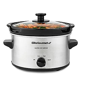 Elite Gourmet MST-275XS# Electric Oval Slow Cooker, Adjustable Temp, Entrees, Sauces, Stews & Dips, Dishwasher Safe Glass Lid & Crock (2 Quart, Stainless Steel)