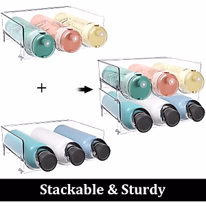 Puricon Plastic Water Bottle Organizer Rack, Stackable Bin Holder for Insulated Tumbler Sports Flask Bottles Kids Water Bottle Travel Mug for Kitchen Cabinets Countertop Holds 9 Bottles, 3-Tier