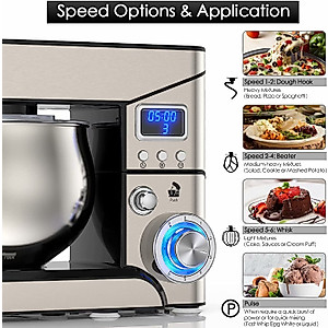 Stand Mixer, Stainless Steel Mixer 5.3-QT LCD Display Food Mixer, 6+P Speed itchen Electric Mixer Tilt-Head Mixer with Stainless Steel Bowl, Dough Hook, Beater, Whisk