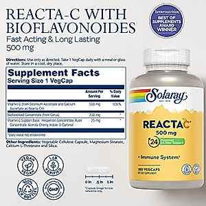 SOLARAY Reacta-C with 500mg Vitamin C, 200mg Bioflavonoid Concentrate, Immune System Defense Vitamins, Patented 24 Hour Immunity Booster Support Supplement, Vegan, 180 Capsules, 180 Servings.