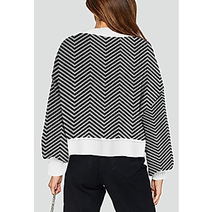 Women's 2024 Fall Sweaters Trendy Long Sleeve Knitted Tops Side Slit Crew Neck Oversized Cropped Sweaters Pullover Jumper(L.Line Black)