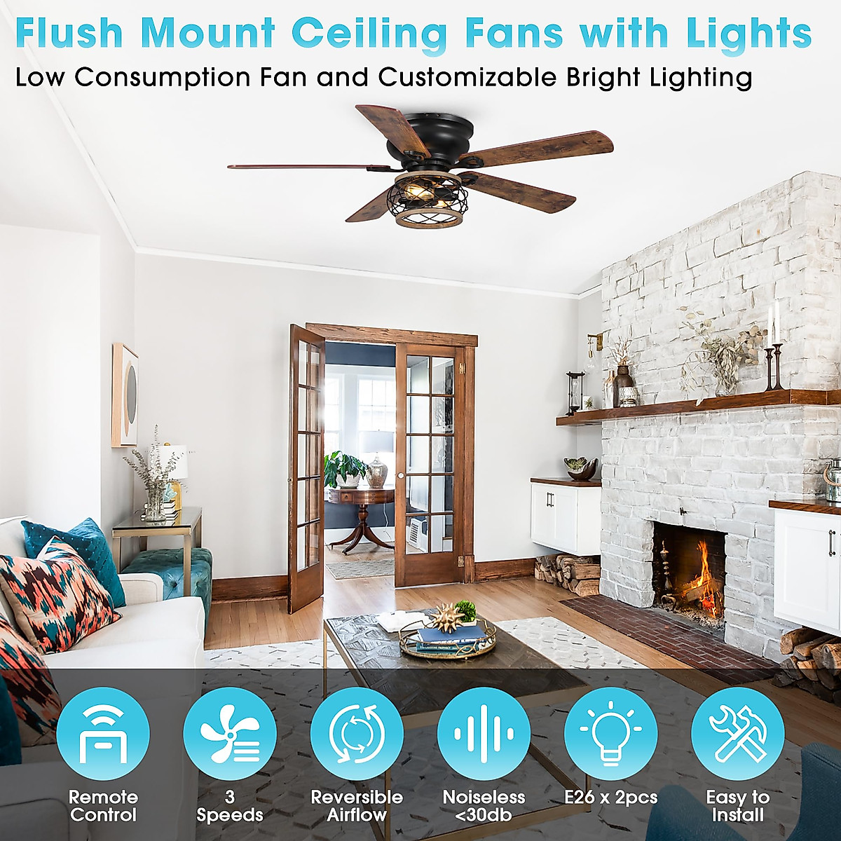 Parrot Uncle Low Profile Ceiling Fans with Lights and Remote, 48 Inch Black Ceiling Fan with Light Flush Mount Farmhouse Rustic Hugger Fan for Bedroom, Reverse Airflow, Timer, FREE Replacement