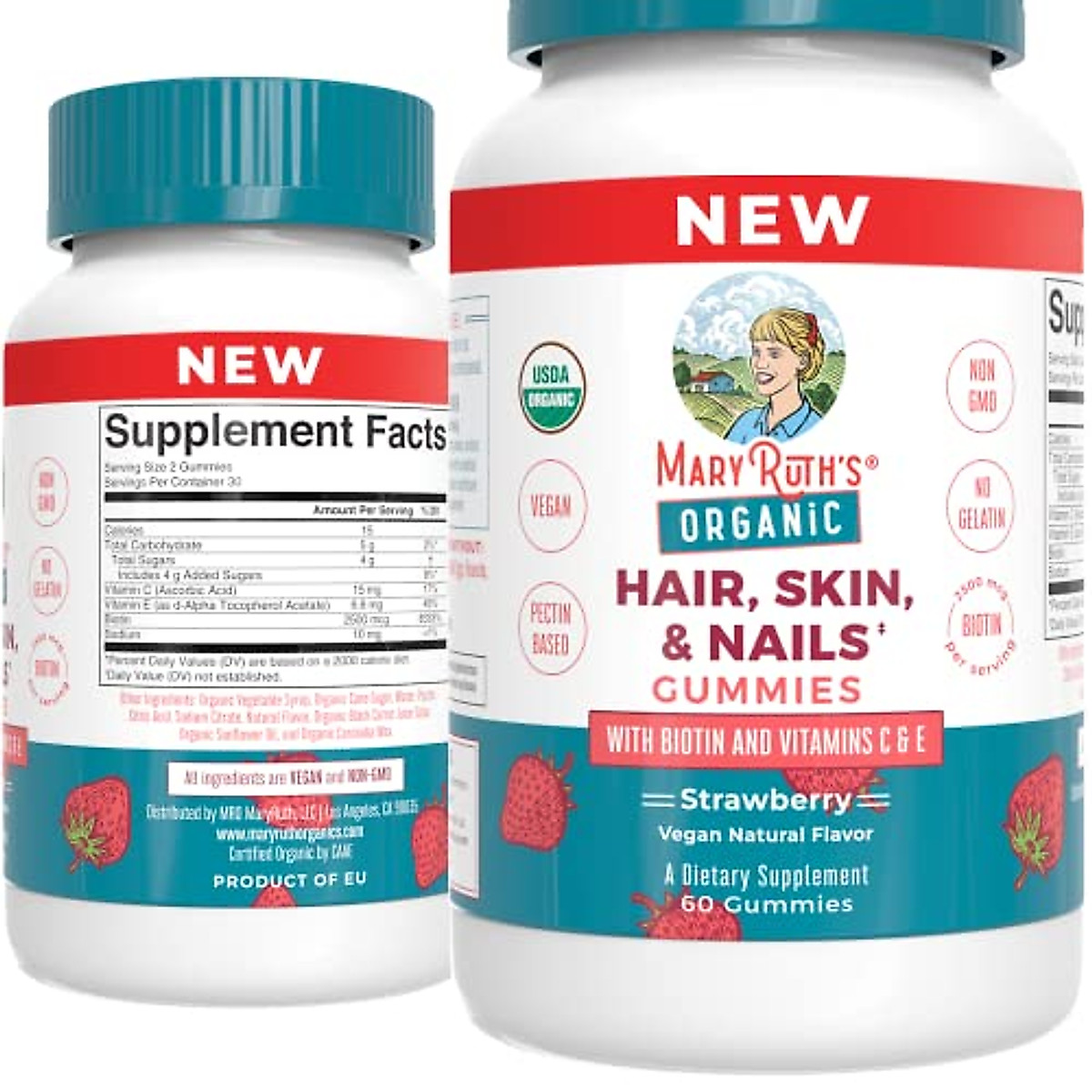 MaryRuth's Hair Skin and Nail Vitamins | USDA Organic | Biotin Gummies with Vitamin C & Vitamin E | Hair Growth Vitamins | Skin Care | Nail Growth | Hair Skin and Nails Gummies for Ages 14+ | 60 Count