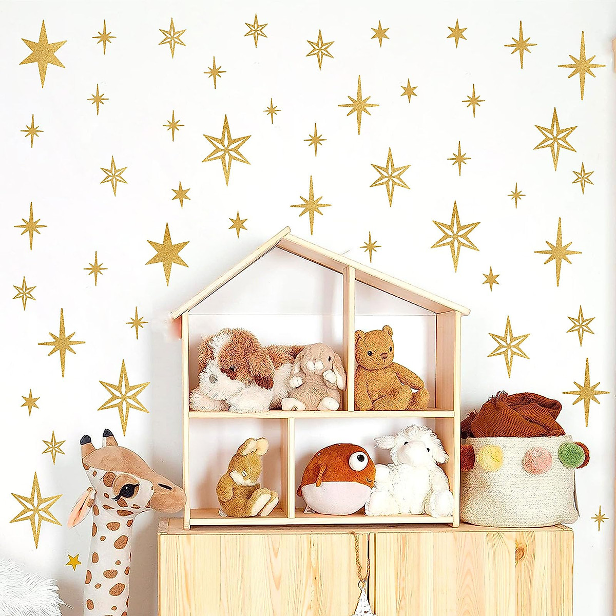 Gold Star Wall Decals Metallic Vinyl Star Wall Stickers Gold Sticker Wall Decor Sparkle Starburst Wall Decals Peel and Stick Retro Star Wall Stickers for Bedroom Living Room Decor