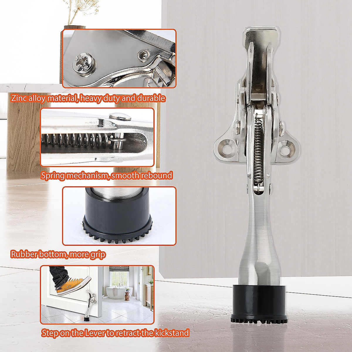 KOVOSCH 4 Inches Kickdown Door Stoppers Brushed Satin Nickel, Heavy Duty Door Stoppers for Bottom of Door, Door Stop with One Touch and Soft Rubber Tips, Zinc, 1 Pack