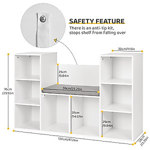 Cowiewie Kids Bookshelf with Reading Nook, 8-Cubby Toy Storage Organizer with Seat Cushion, Toy Storage for Bedroom, Playroom, Kids Room, 13.39" D x 47.24" W x 29.92" H, White