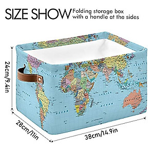 AUUXVA Globe World Map Storage Basket Collapsible Cloth Storage Cube Basket Bins Organizer with Handles Rectangular Large Toys Shelf Closet for Nursery Bedroom Home Office