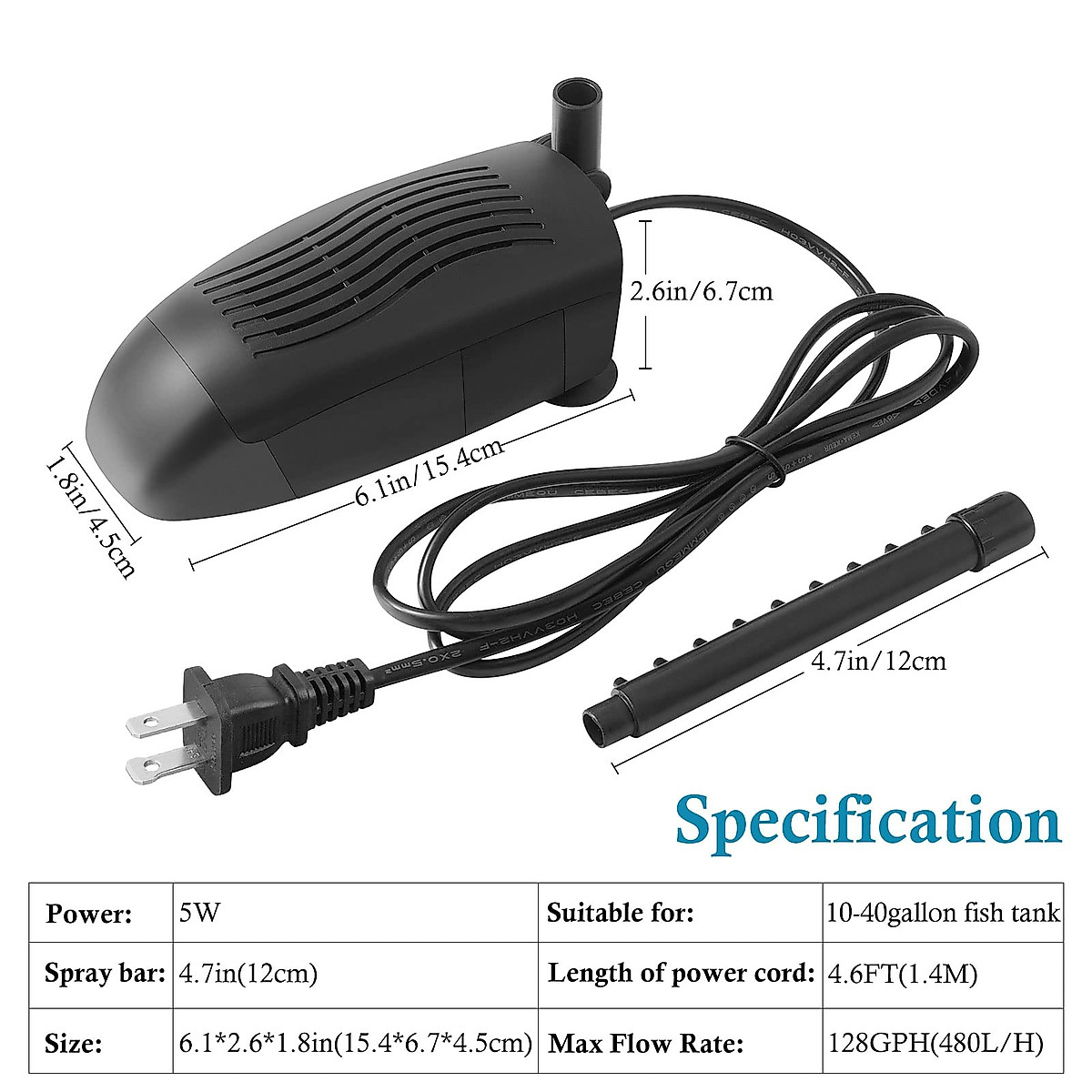 FEDOUR 4W 5W Adjustable Aquarium Internal Filter, Submersible Filter with Spray Bar, Water Pump for 1-40 Gallon Fish and Turtle Tank (for 5-40 gallon)