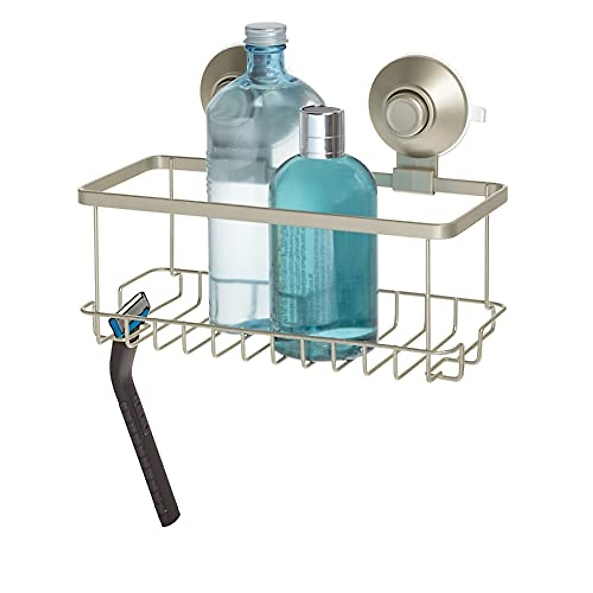 iDesign Everett Drill Bathroom, Small Metal Basket with Push-Lock Suction Cups, Hanging Storage for Shampoo and Soap with Hooks for Razors and Sponges, Matte Silver, 23.1 cm x 11.5 cm x 9.2 cm