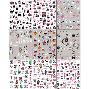 JMEOWIO 9 Sheets Pink Halloween Nail Art Stickers Decals Self-Adhesive Pegatinas Uñas Skull Cute Horror Ghost Witchy Spider Web Bat Pumpkin Nail Supplies Nail Art Design Decoration Accessories