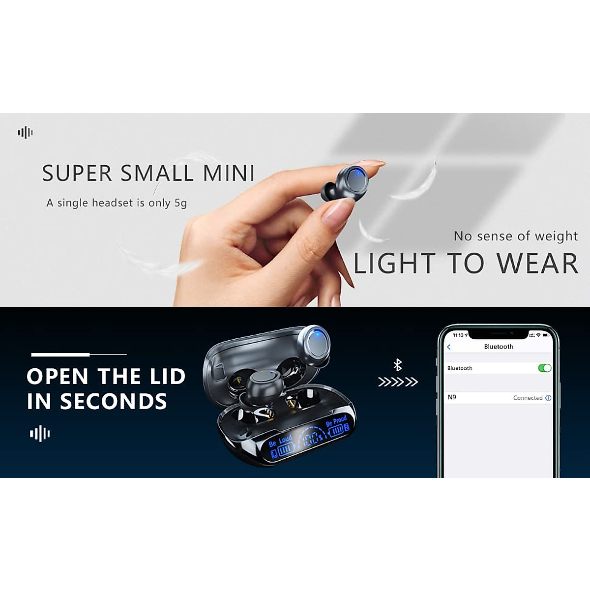 Wireless Earbuds, Bluetooth Headphones 160hrs Battery Life with LED Power Display Crystal-Clear Calls Built-in Mic IP6 Waterproof V5.3 Bluetooth Earbuds Stereo Sound Ear Buds for Sports and Working