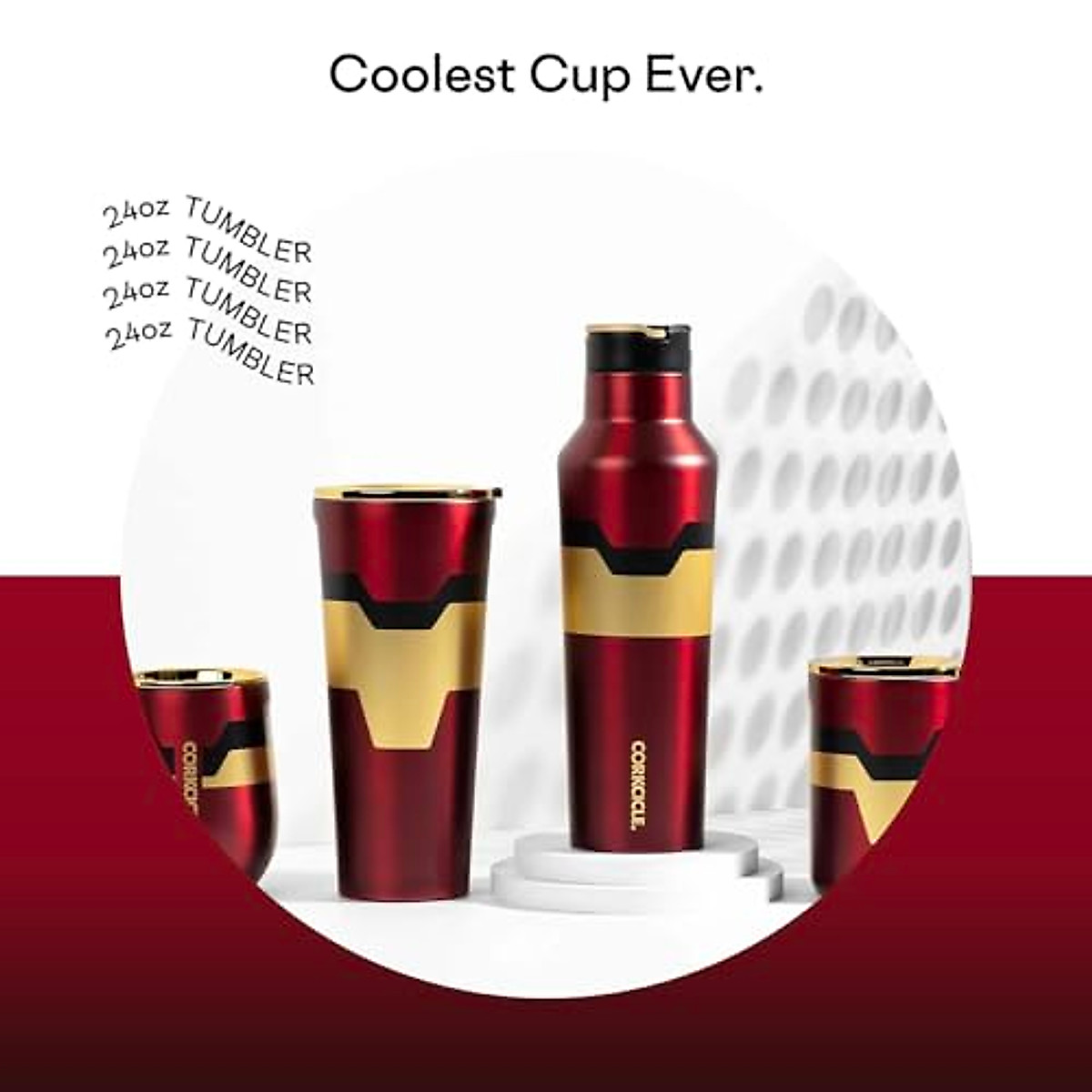 Corkcicle Marvel 24 Ounce Triple Insulated Stainless Steel Travel Cup Tumbler with Lid and Silicone Bottom for Hot and Cold Drinks, Iron Man
