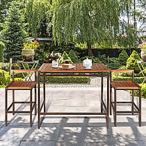 Tangkula 3 PCS Patio Bar Table Set, Outdoor Rattan Bar Set Bistro Set with Acacia Wood Top, Wood Table Set with 2 Bar Chairs for Dining Room, Backyard, Patio and Balcony