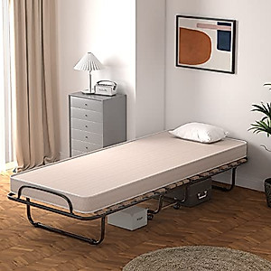 KOMFOTT Folding Rollaway Bed with Mattress, Foldable Bed with Memory Foam Mattress for Adults, Portable Fold Up Guest Bed with Sturdy Steel Frame on Wheels for Home & Office, Made in Italy (Beige)