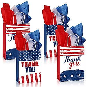 Pajean 16 Pieces Patriotic Thank You Gift Bags with 18 Red White Blue Tissue Paper American Flag Party Favor USA Treat Goodie Handle for Veterans Day Memorial Independence