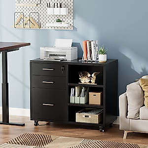 Kemon 3 Drawer Wood File Cabinet Mobile Lateral Filing Cabinet with Lock Printer Stand with Open Adjustable Storage Shelves for Home Office Organization Hanging Letter/Legal/F4/A4(Black)