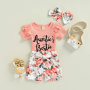 Newborn Baby Girl Auntie Outfits Auntie's Bestie Short Sleeve Ribbed Romper Floral Shorts Clothes with Headband (A-Pink, 3-6 Months)