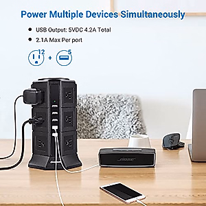 DEWENWILS16FT Power Strip Tower, 12-Outlet Surge Protector Power Strip with 5-USB Ports, 2-Switch Control, 15A Circuit Breaker, 1500Joules, Flat Plug Charging Station for Home, Office, ETL Listed