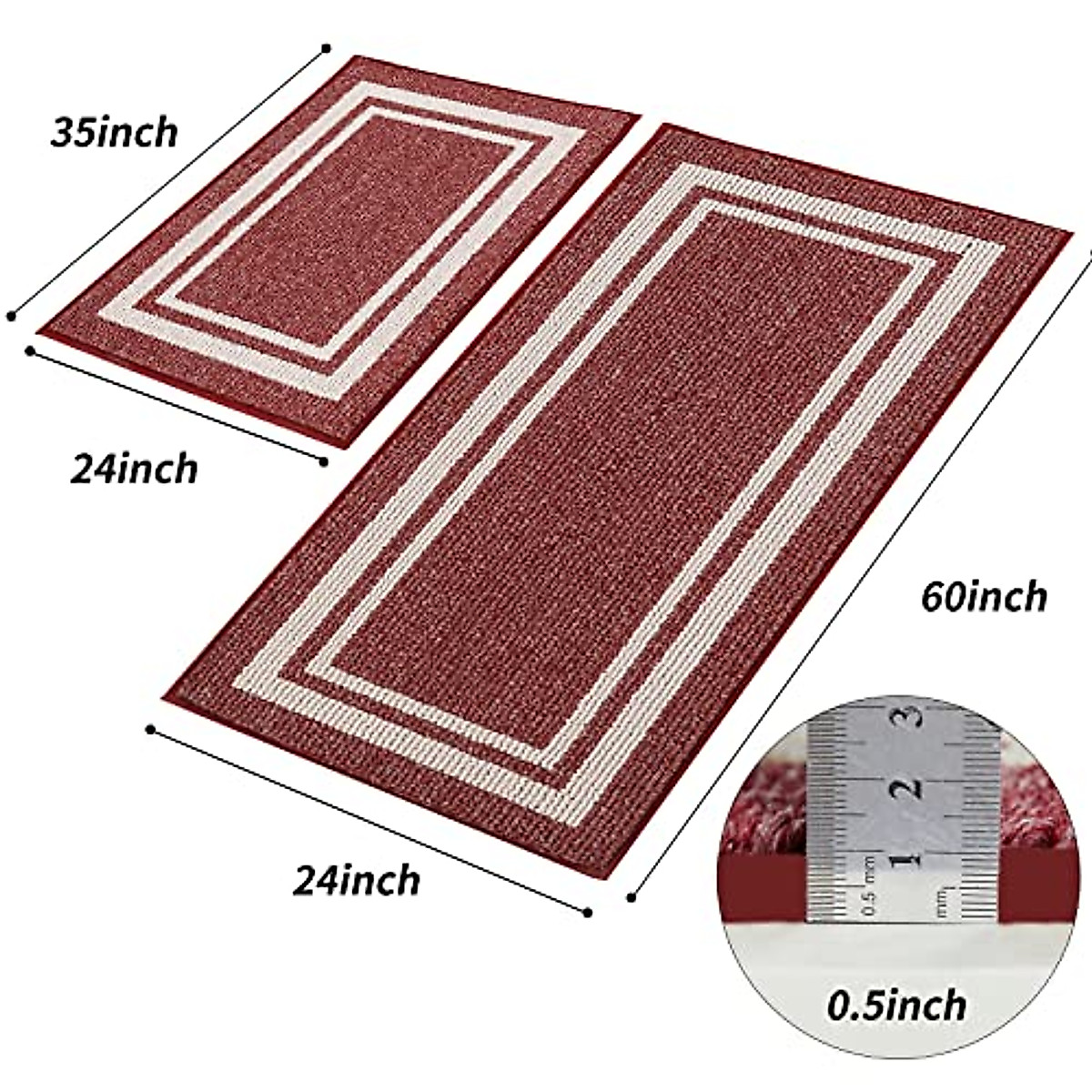 COSY HOMEER Kitchen Rugs Non-Slip 20" x30/20 x48 Inch Thick Polypropylene Standing Mat for Home Machine Washable, Red Frame
