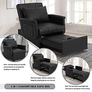 Oprisen Sleeper Chair Bed 3-in-1 Convertible Chair Bed Pull Out Sofa Bed w/Adjustable Backrest Faux Leather Chaise Lounge Sofa Bed Couch for Small Space w/Side Pockets (PU-Black)