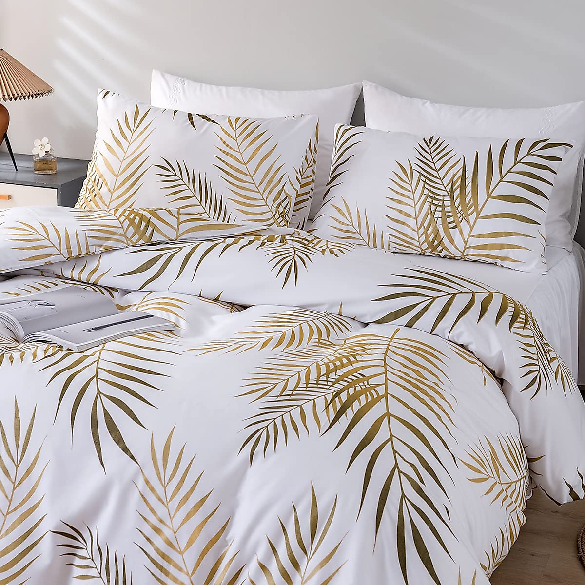 Megsv Leaves Duvet Cover Set Golden Tropical Leaf Comforter Cover with Pillow Sham Soft Bedding Set No Comforter (King)