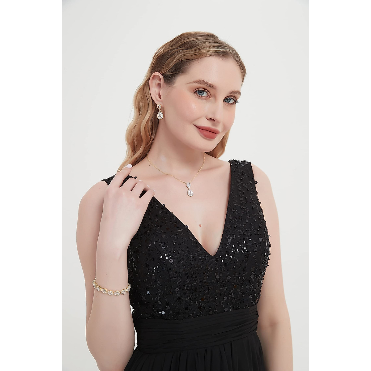 UDYLGOON Cubic Zirconia Crystal Bridal Jewelry Set for Bride Bridesmaid Wedding Prom Teardrop Necklace Earrings Bracelet Jewellery Set (Gold)