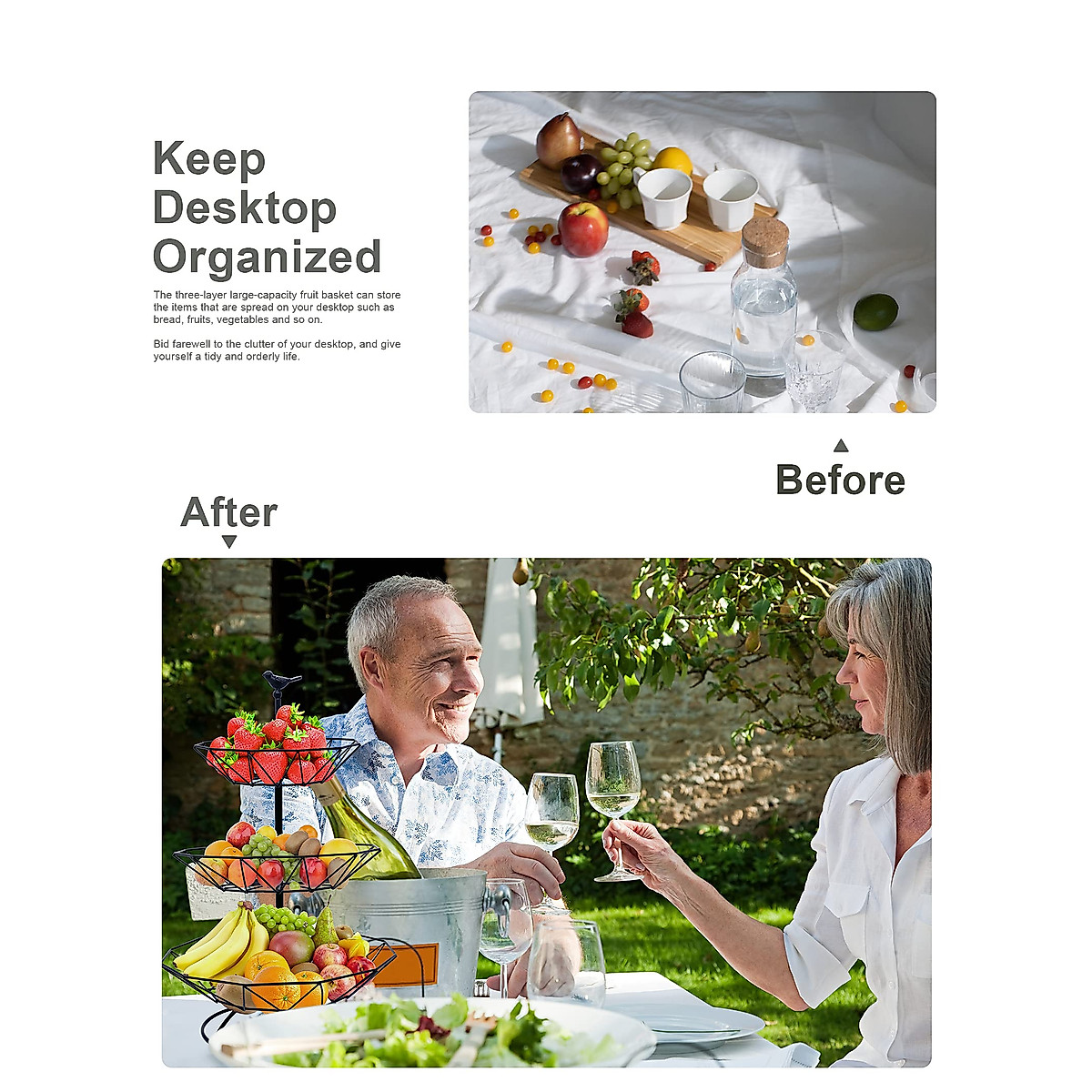 Homlab Fruit Basket for Kitchen-Countertop Detachable Vegetables-Storage 3-Tier Fruit Bowl for Counter Fruit Holder Metal Banana Holder Organizer with Banana Hanger & Reusable Storage Bag(Black)