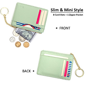 Valentoria Slim RFID Blocking Card Holder Small Pocket Wallet Keychian Zipper Coin Purse Minimalist Leather Cash & Coin & Cards Case for Women Men (Green)
