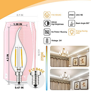 CRLight 2W Dimmable 25W Equivalent LED Candelabra Bulb 2700K Warm White 250LM, E12 Chandelier LED Candle Bulbs, C35 Clear Glass Flame Shape Bent Tip, 6 Pack