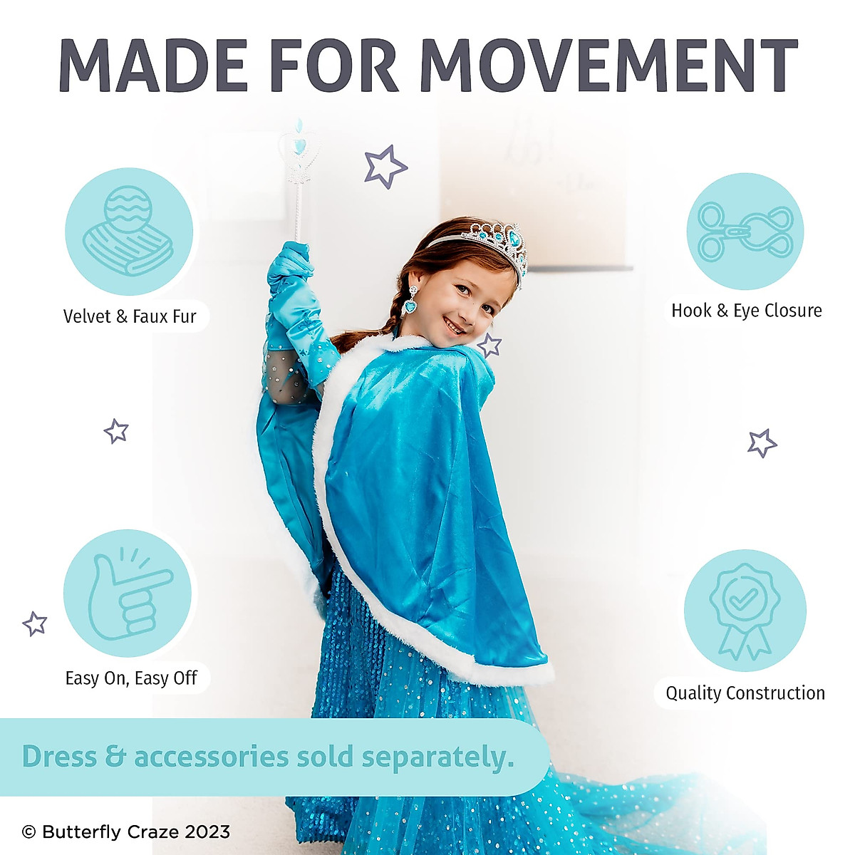 Butterfly Craze Snow Princess Kids Cape with Hood - A Gorgeous Ice Blue Children's Warm Winter Wrap Shawl Perfect for Your Toddler's Adventure, Pretend Play & Dress up Costume, Cape Only, XL 7-8yrs