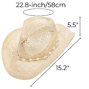 Hiceeden Straw Beach Cowboy Hat for Women, Western Cowboy Hat with Shapable Brim, Woven Sun Hat with Beaded Chain for Men, Beige