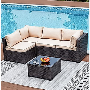 NATURAL EXPRESSIONS 5 Piece Wicker Patio Sectional Furniture Sets Outdoor Sofa Rattan Couch,All Weather Conversation Set with Tempered Glass Coffee Table and Cushions,Deck, Poolside,Backyard Porch