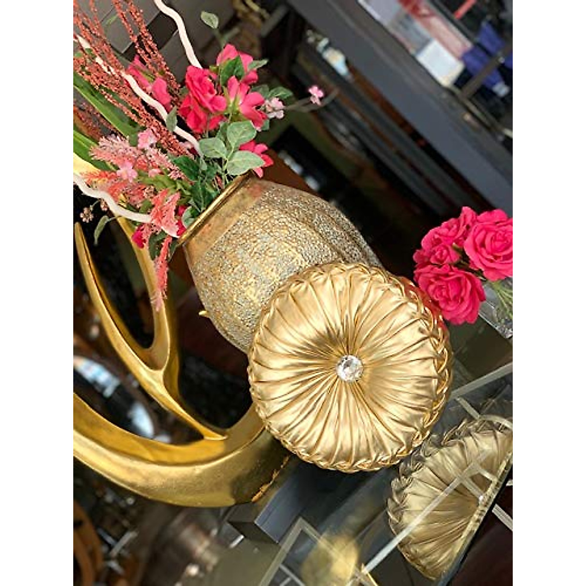 Tresshouse European Round Throw Pillows, Soft Spandex Fabric Pumpkin Pleated Handmade Metallic Accent Circle Insert Cushion Diamond to Enhance for Sofa Bedroom Livingroom Couch Cover Chair Gold