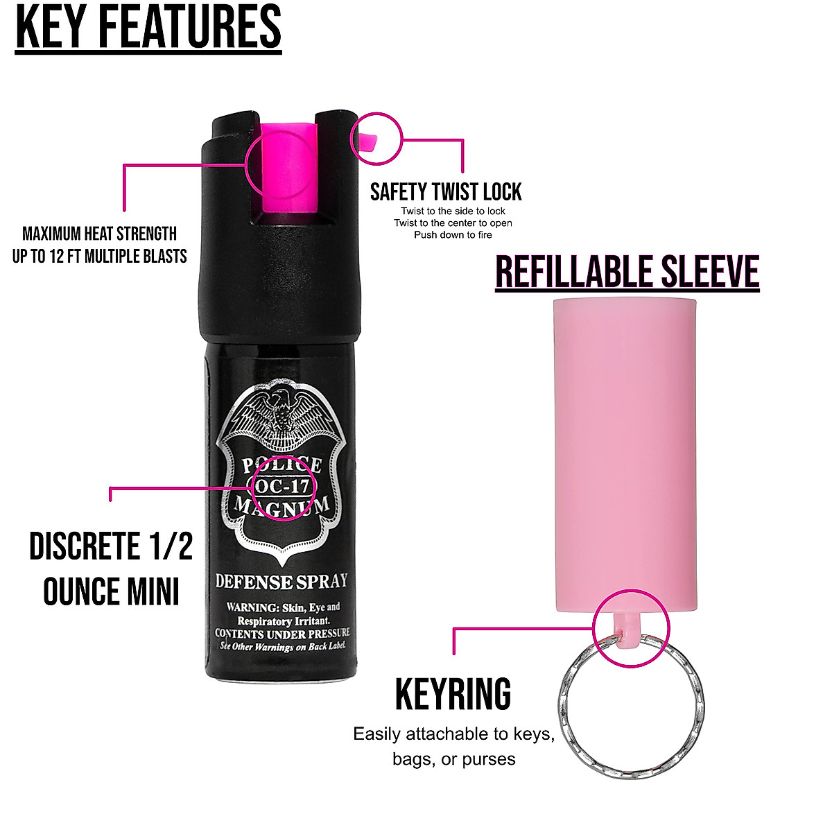 Police Magnum Pepper Spray Self Defense - Mini Pocket Safety Tool - Small discreet Canister Case- Made in The USA- 3 Pack 1/2oz Twist Lock Pink Sleeve Keyring