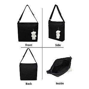 Covelin Womens Canvas Bag with Bear Pendant Crossbody Purse Top Zip Shoulder Handbag White