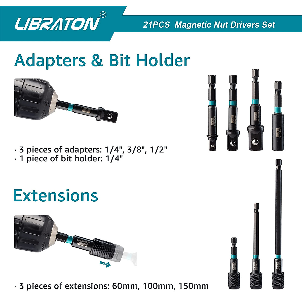 Libraton 21PCS Magnetic Nut Driver Set, Impact Drill Driver Bit Set 1/4", Metric and SAE Nut Driver, Impact Socket Adapters, Bit Holder, Quick-Release Extensions with Storage Bag
