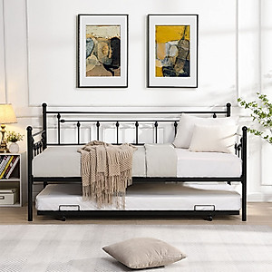 CALABASH Twin Size Daybed and Trundle Frame Set, Metal Frame with Pull Out Trundle for Teens Kids Adults for Living Room Bedroom Room (Black)