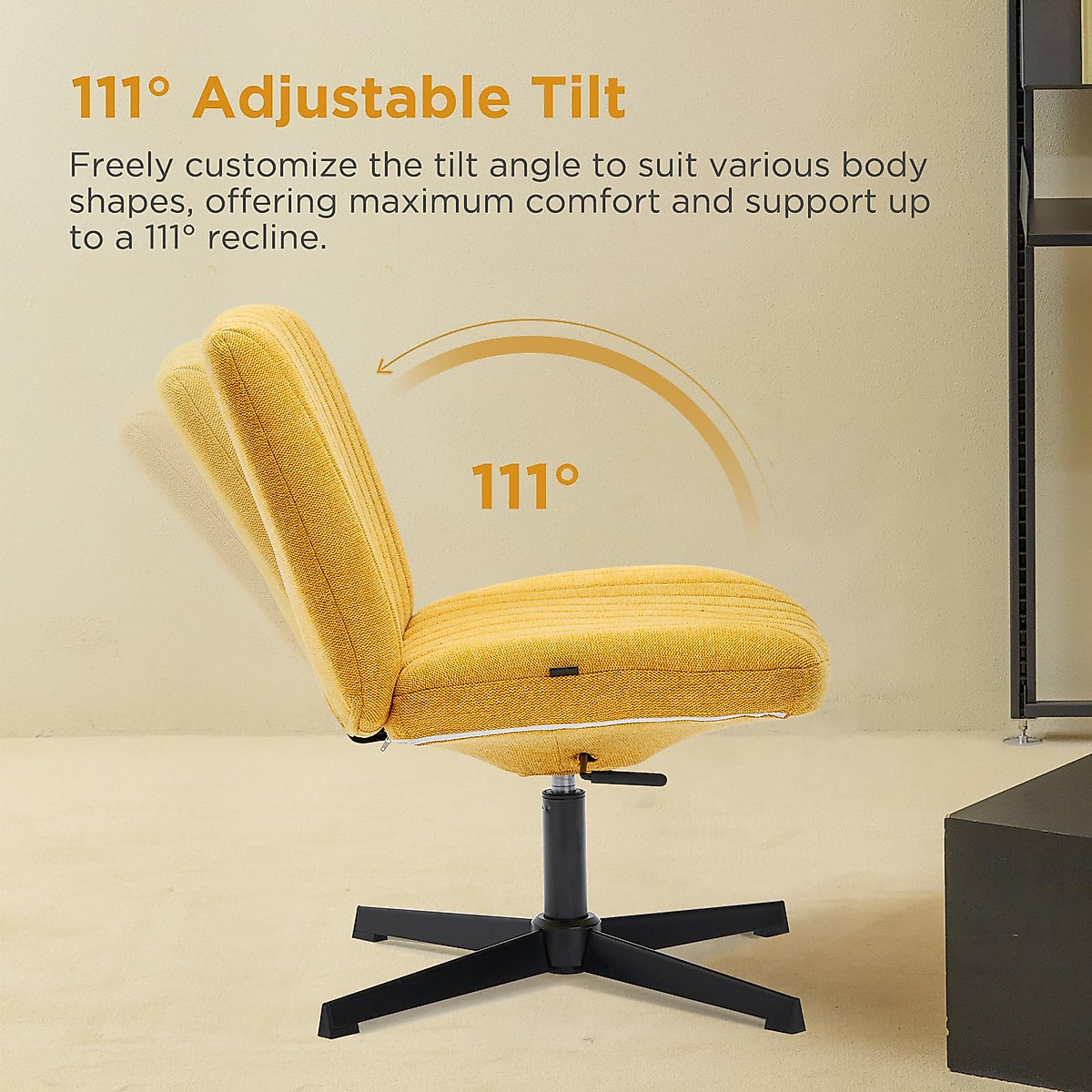 Nouhaus Linechair Criss Cross Chair, Armless Cross Legged Office Chair No Wheels, Adjustable Wide Seat Swivel Vanity Chair Computer Task Chair (Yellow)