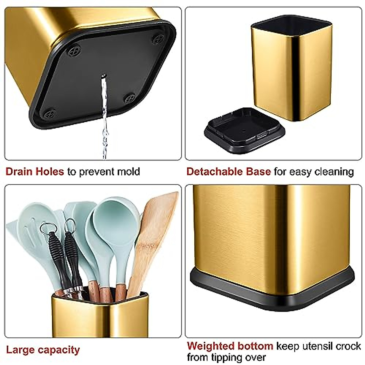 RedCall Stainless Steel Kitchen Utensil Holder for Countertop, Spoon Spatula Organizer,Modern Rectangular Large Cooking Utensil Caddy Counter,Utensil Crock (Stainless Steel Gold)