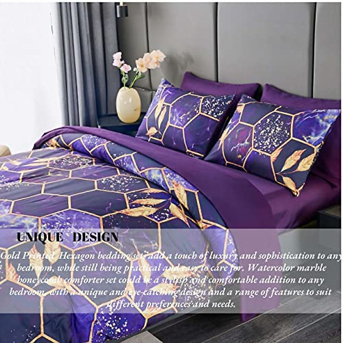 ANGIYUIN 7Pcs Bed-in-A-Bag Purple Gold Marble King Comforter Set with Sheets, 3D Geometric Hexagon Theme Decor Yellow Leaf Bedding Set, Modern Foil Print Duvet Insert for All Season (Purple King)