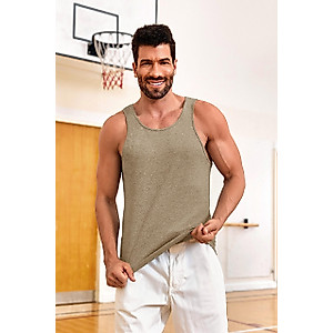 ZIWOCH Mens Workout Stringer Tank Tops Gym Muscle Sleeveless Cotton Shirt Training Bodybuilding Vest Khaki