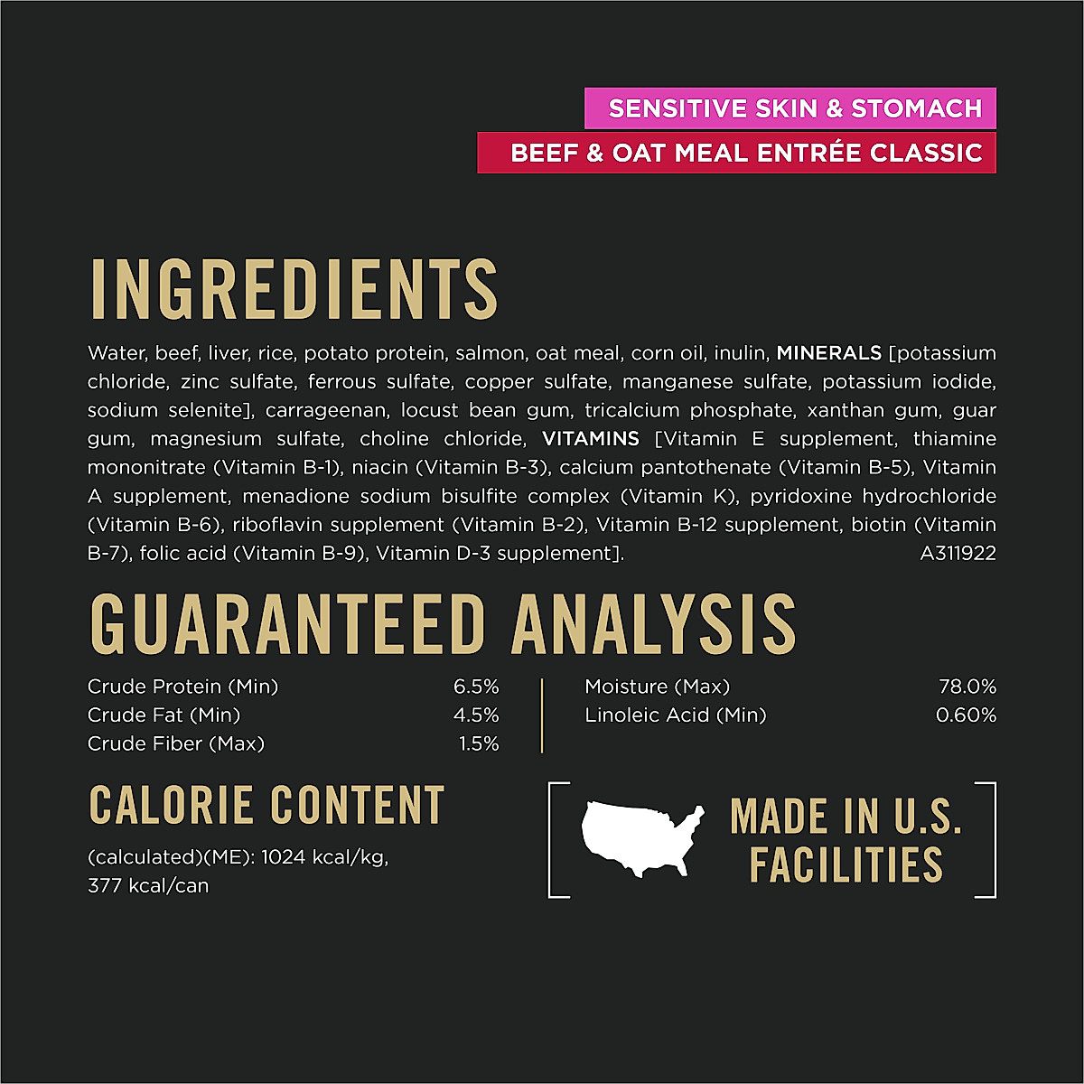 Purina Pro Plan Sensitive Skin and Stomach Dog Food Wet Classic Pate Beef and Oat Meal Entrée - (Pack of 12) 13 oz. Cans