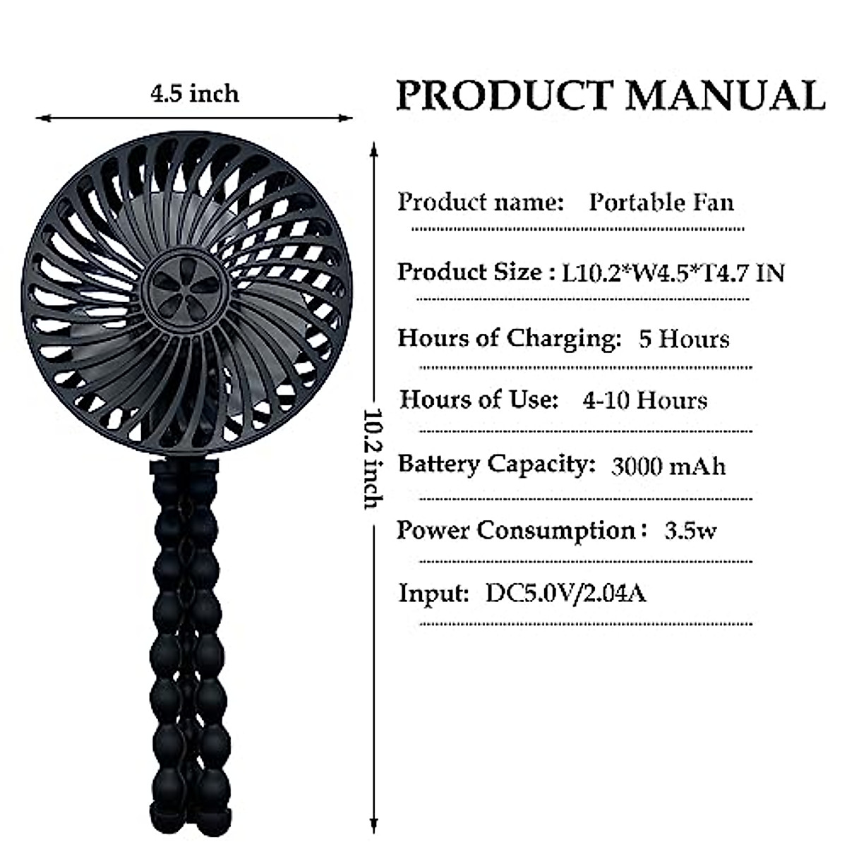 Stroller Fan Portable Fan Personal Fan with Flexible Tripod Clip-on for Baby, USB Fan Rechargeable Battery Operated, Small Handheld Fan Cooling for Travel, Car Seat, Camping, and Bedroom, Black