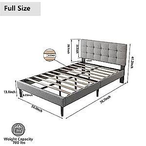 Lijimei Full Size Bed Frame with Headboard, Upholstered Bed Frame with Wood Slats Support and Platform Headboard, Mattress Foundation, No Box Spring Needed, Easy Assembly, Noise Free, Light Gray