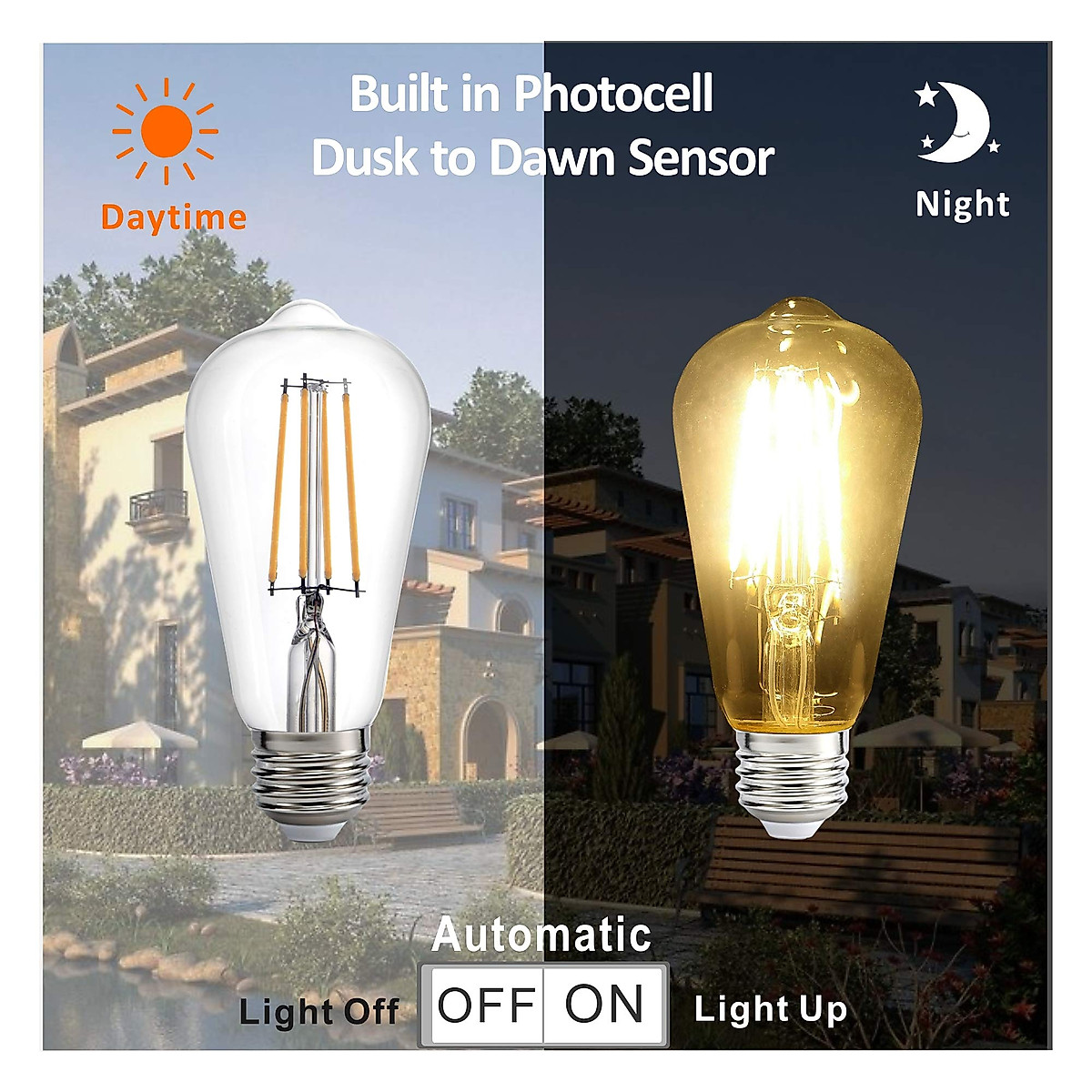 Dusk to Dawn LED Lights Bulb,Photocell Sensor Bulb, Auto Turn On/Off, ST58 ST19 60W Edison Replacement, E26 8W 800lm,Warm White 2700K for outdoor wall light fixture Garden Garage Porch Pack of 2
