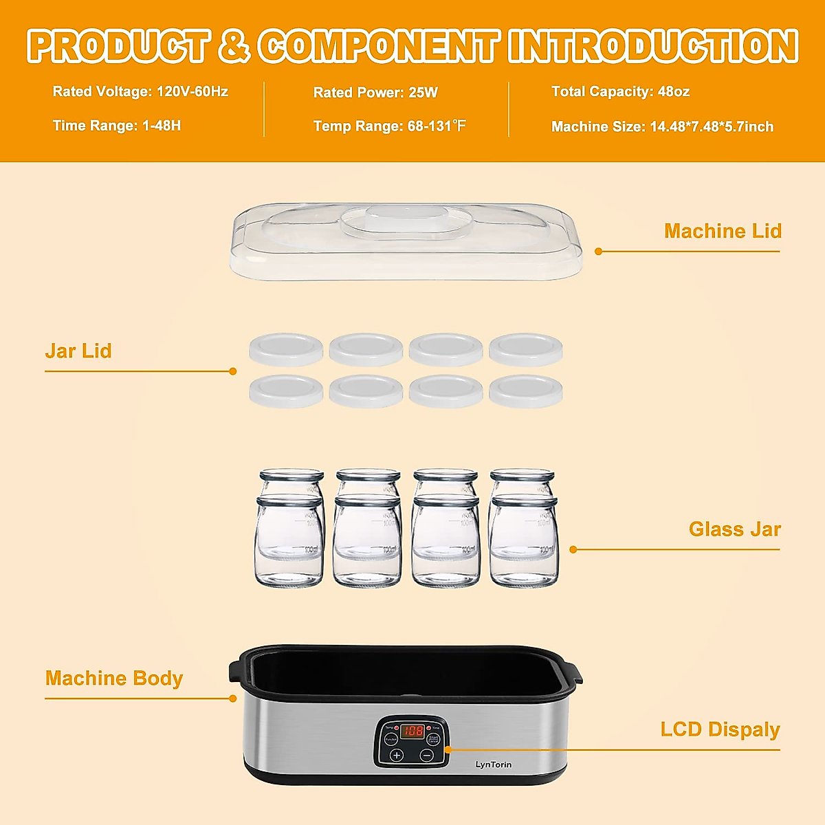 LynTorin Yogurt Maker, Automatic Digital Yogurt Maker Machine with Adjustable Temperature & Time Control, Stainless Steel Cheese Maker, Fruit Wine Maker with LCD Display