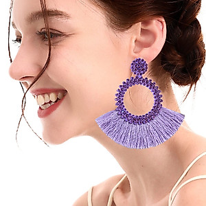 Handmade Bohemian Tassel Crystal Statement Drop Dangle Earrings for Women Hoop Fringe Lightweight Ear Jewelry Summer Accessories (Purple)
